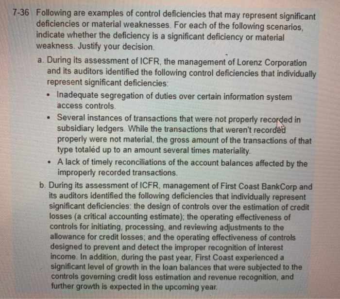 Solved 7-36 Following are examples of control deficiencies | Chegg.com