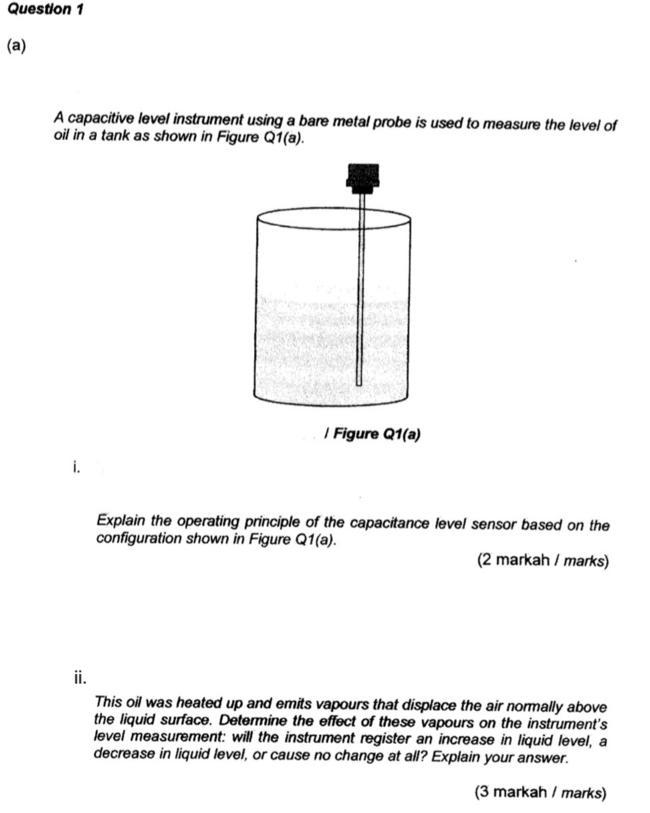 Solved Question 1(a)A capacitive level instrument using a | Chegg.com