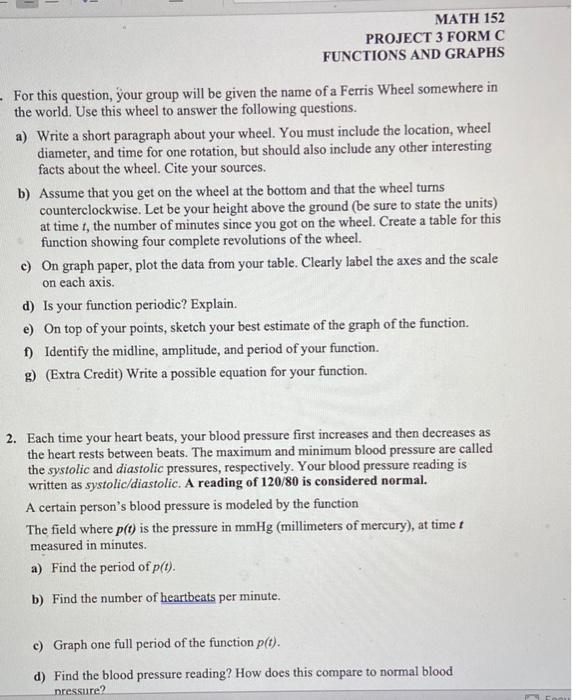 Solved MATH 152 PROJECT 3 FORMC FUNCTIONS AND GRAPHS For | Chegg.com