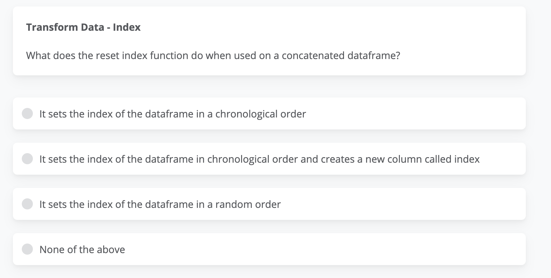Solved Transform Data - ﻿IndexWhat does the reset index | Chegg.com