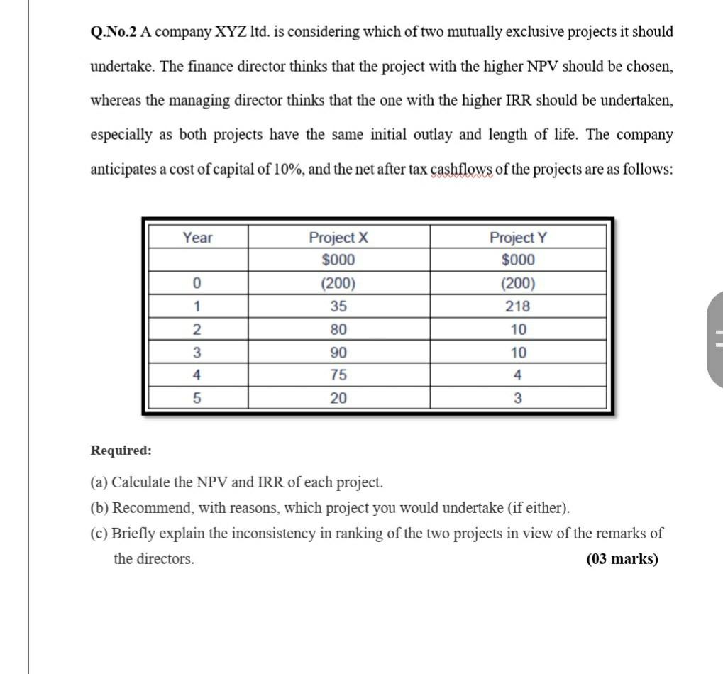 Solved Q.No.2 A company XYZ ltd. is considering which of two | Chegg.com