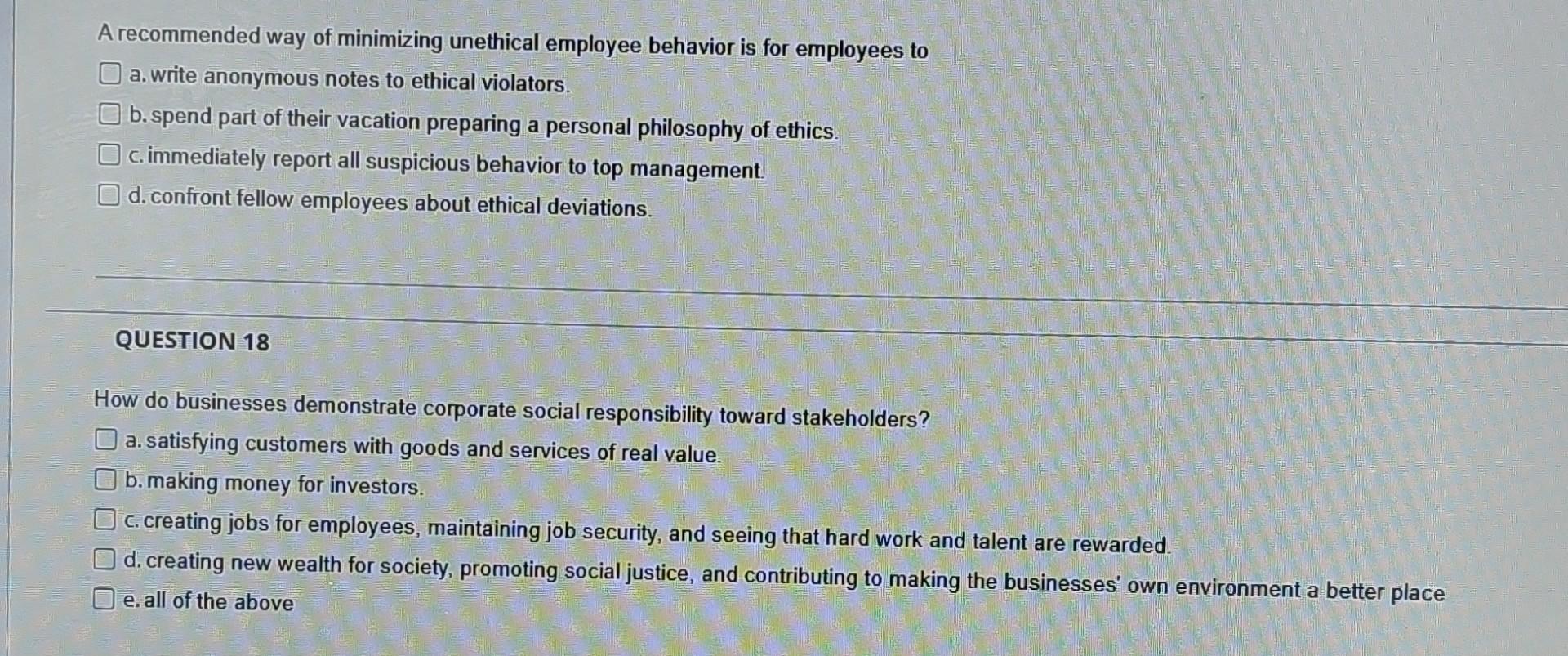 Solved A recommended way of minimizing unethical employee | Chegg.com