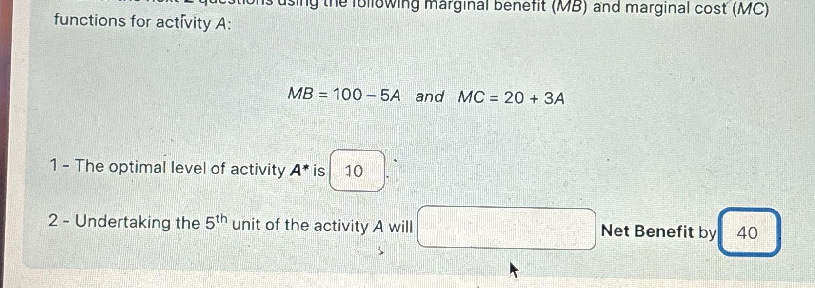 Solved functions for actívity A ﻿:MB=100-5A and MC=20+3A1 - | Chegg.com