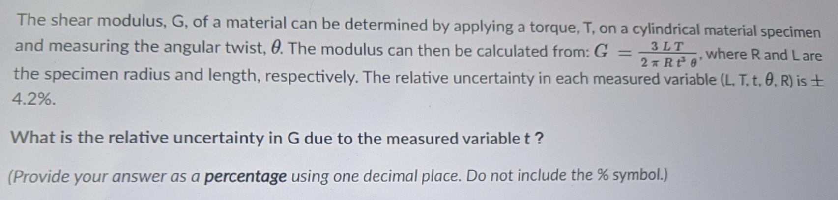 Solved The shear modulus, G, of a material can be determined | Chegg.com