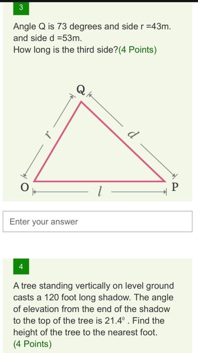 Solved Angle Q is 73 degrees and side r=43 m. and side d=53 | Chegg.com