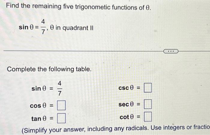 Solved Find the remaining five trigonometic functions of θ. | Chegg.com