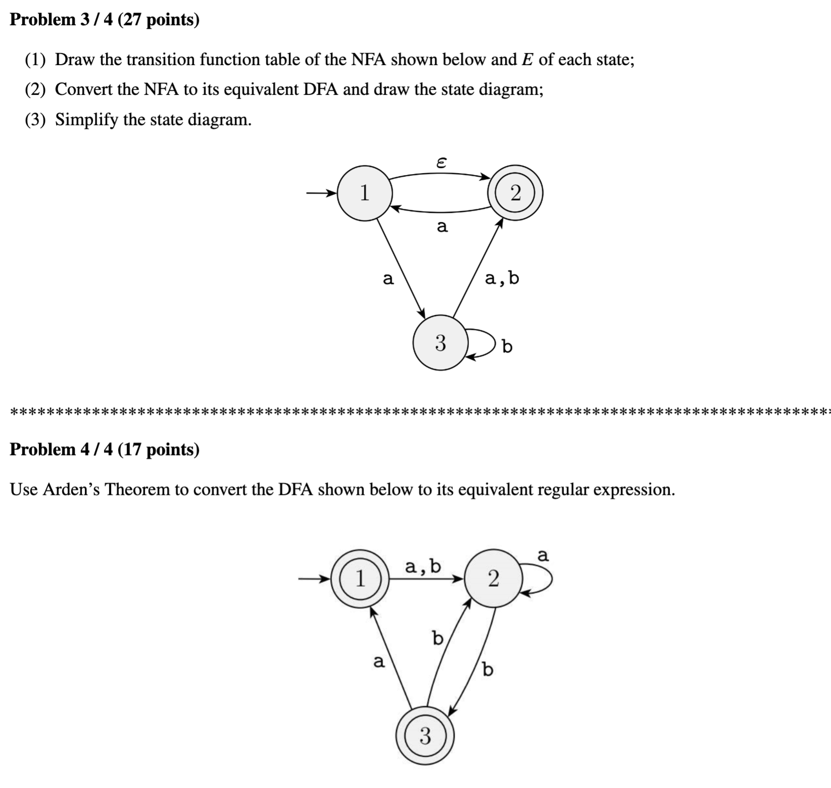 Solved Problem 3 / 4 (27 ﻿points) (1) ﻿Draw the transition | Chegg.com