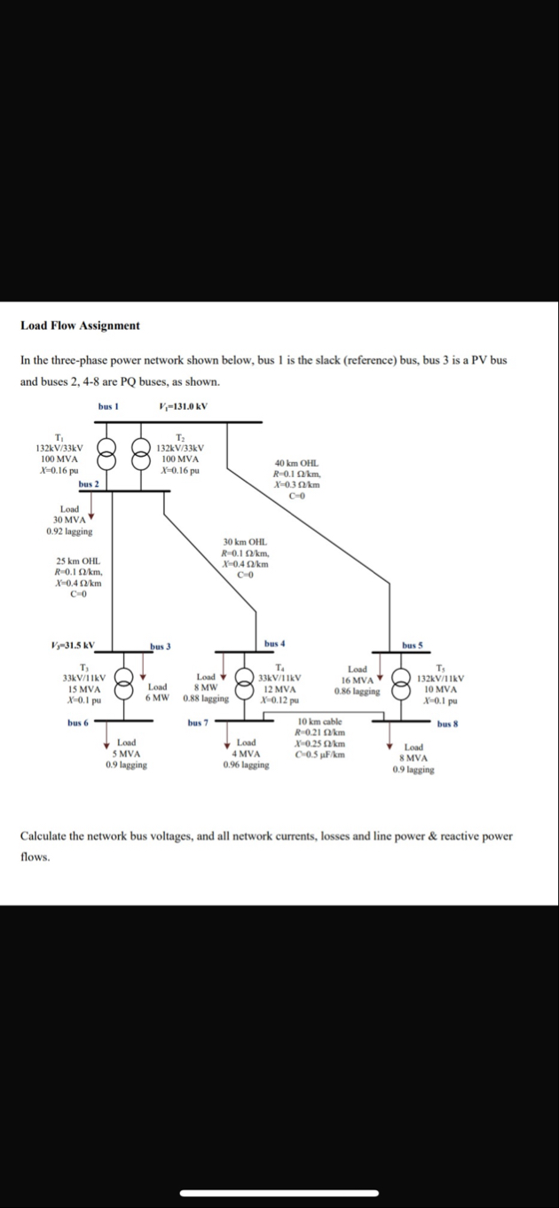Load Flow AssignmentIn the three-phase power network | Chegg.com