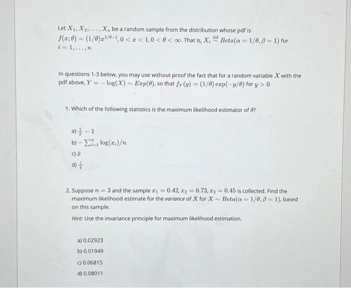Let X1,X2,…,Xn be a random sample from the | Chegg.com
