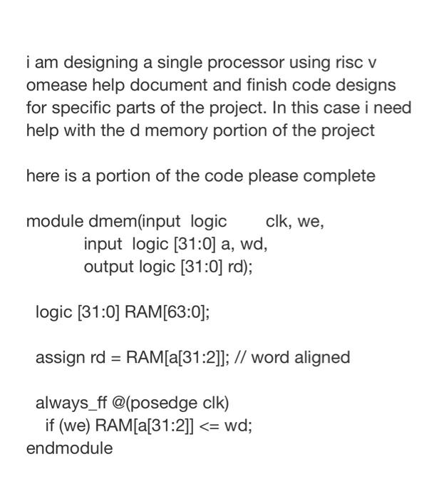 Solved i am designing a single processor using risc V omease | Chegg.com