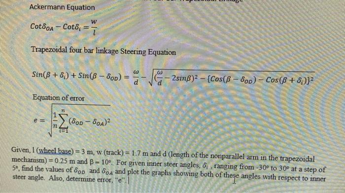 Ackermann Equation w Cot8oa - Cots Trapezoidal four | Chegg.com