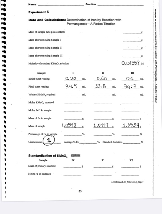 Solved Name Section Experiment 6 Data and Calculations: | Chegg.com