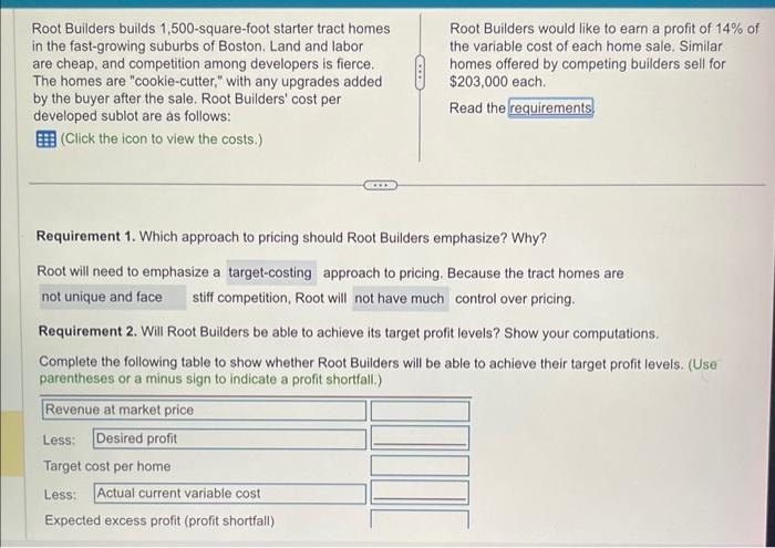 Solved Root Builders builds 1,500-square-foot starter tract | Chegg.com
