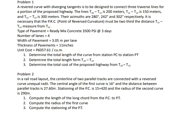 Problem 1A reversed curve with diverging tangents is | Chegg.com