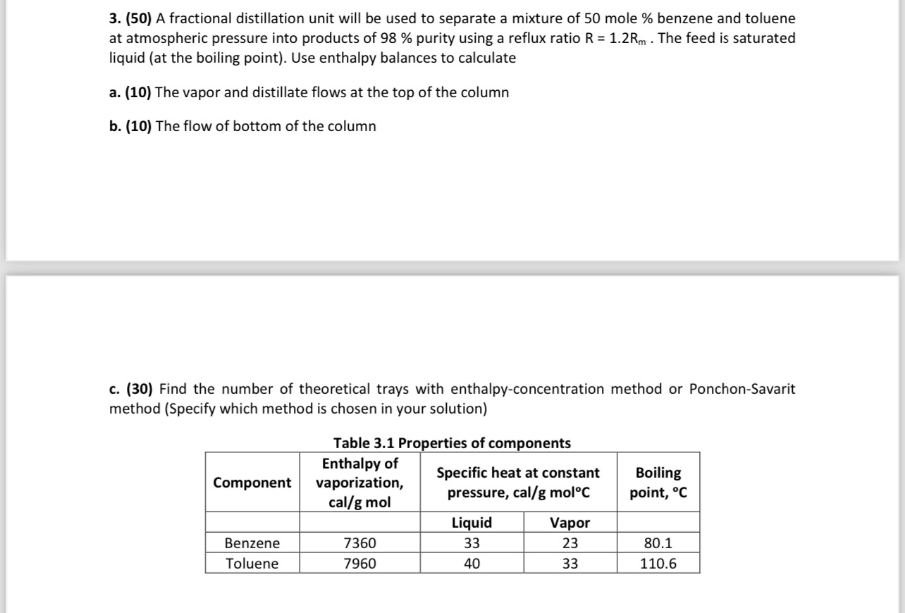 Solved A fractional distillation unit will be used to | Chegg.com