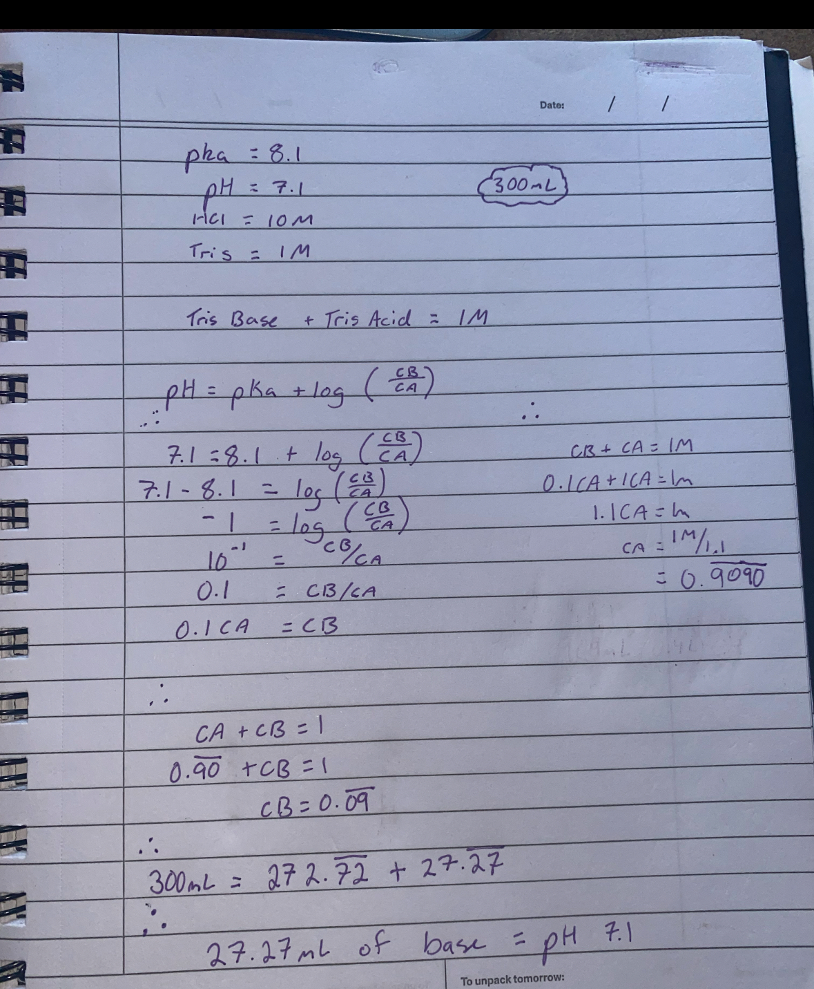 Solved Date:pka=8.1pH=7.1HCl=10m ﻿Tris =1M ﻿Tris Base + | Chegg.com