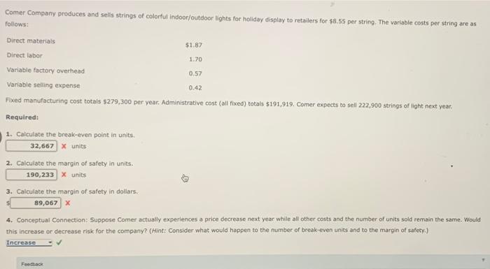 Solved Comer Company produces and sells strings of colorful | Chegg.com