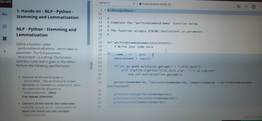 Solved 15m left ALL 1. Hands-on - NLP - Python - Stemming | Chegg.com