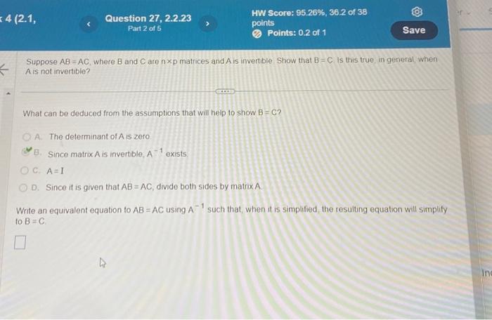Solved Suppose AB=AC, where B and C are n×p matrices and A | Chegg.com