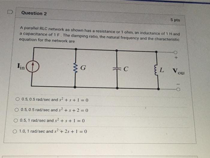 Solved Question 2 5 pts A parallel RLC network as shown has | Chegg.com
