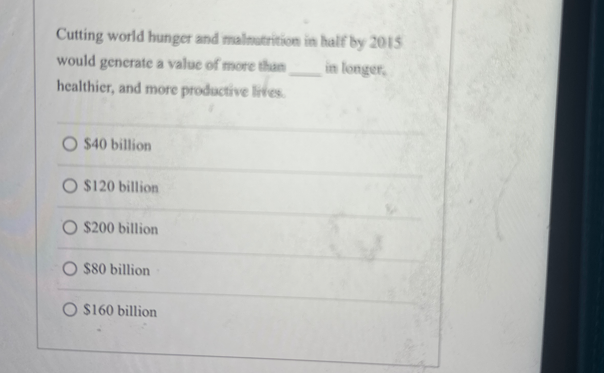 Solved Cutting world hunger and malnatrition in half by 2015 | Chegg.com