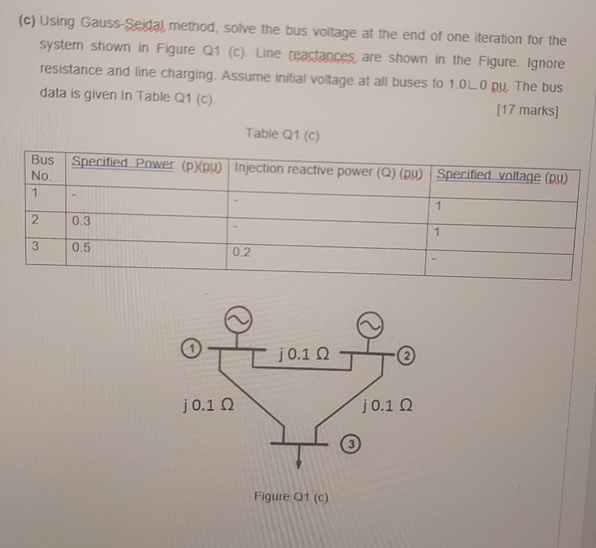 Solved (c) Using Gauss-Seidal, method, solve the bus voltage | Chegg.com