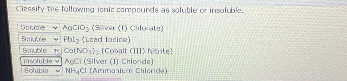 Solved Classify the following ionic compounds as soluble or | Chegg.com