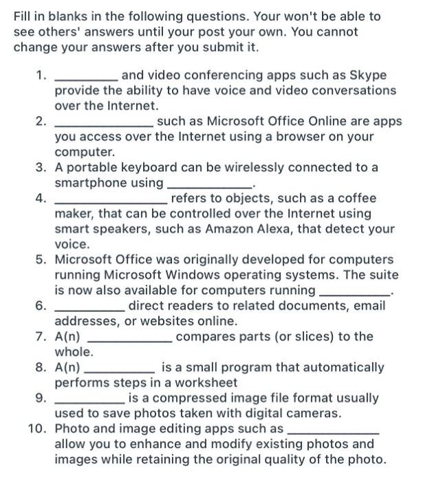 Solved Fill in blanks in the following questions. Your won't | Chegg.com