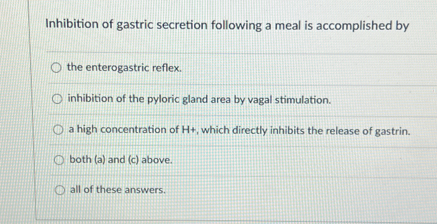 Solved Inhibition of gastric secretion following a meal is | Chegg.com