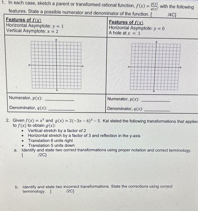 Solved 1. In each case, sketch a parent or transformed | Chegg.com
