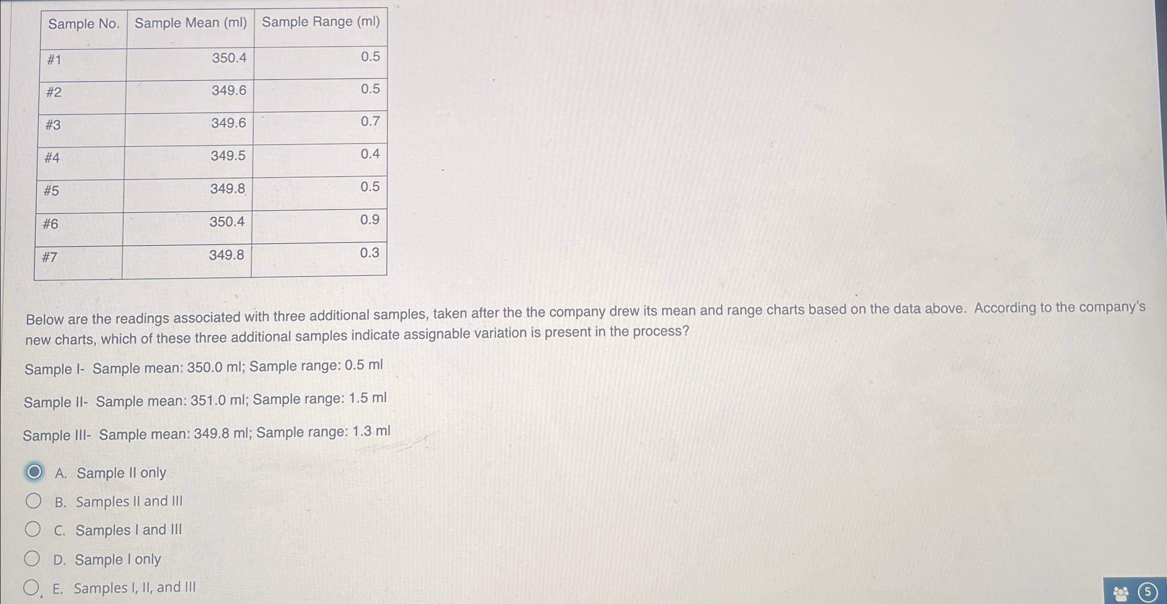 Solved \table[[Sample No.,Sample Mean (ml),Sample Range | Chegg.com