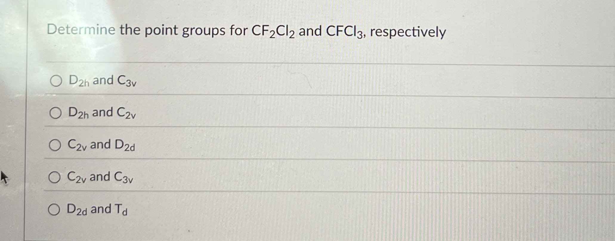 Solved Determine the point groups for CF2Cl2 ﻿and CFCl3, | Chegg.com