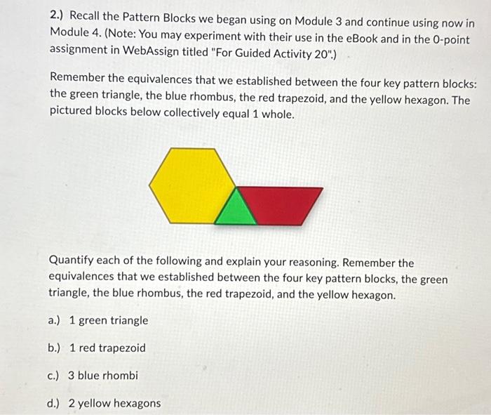 Solved 2.) Recall the Pattern Blocks we began using on | Chegg.com