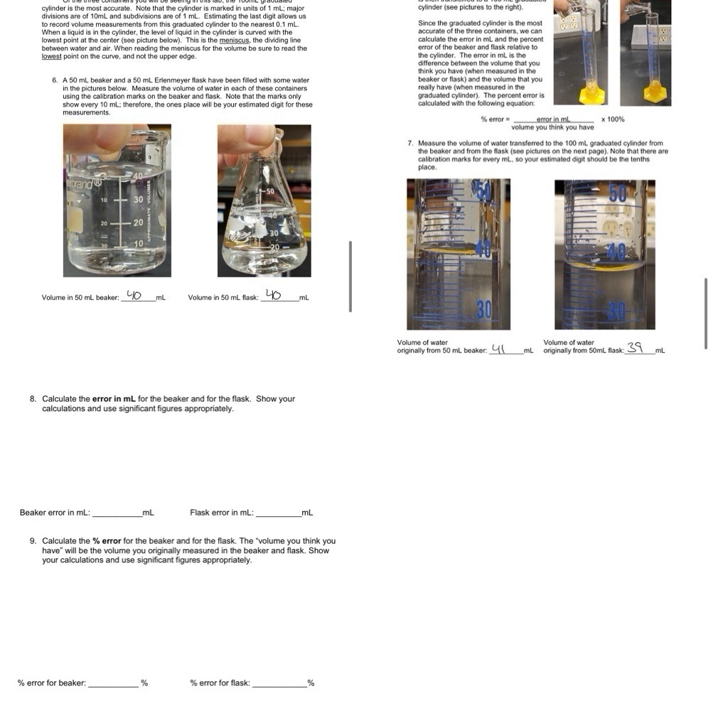 Solved Calculate the error in mL ﻿for the beaker and for the | Chegg.com