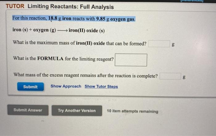 Solved TUTOR Limiting Reactants: Full Analysis For this | Chegg.com