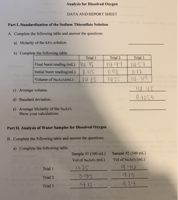 Analysis for Dissolved Oxygen DATA AND REPORT SHEET | Chegg.com