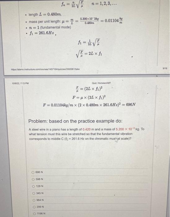 Solved fn=2LnμFn=1,2,3,… - length L=0.480m. - mass per unit | Chegg.com