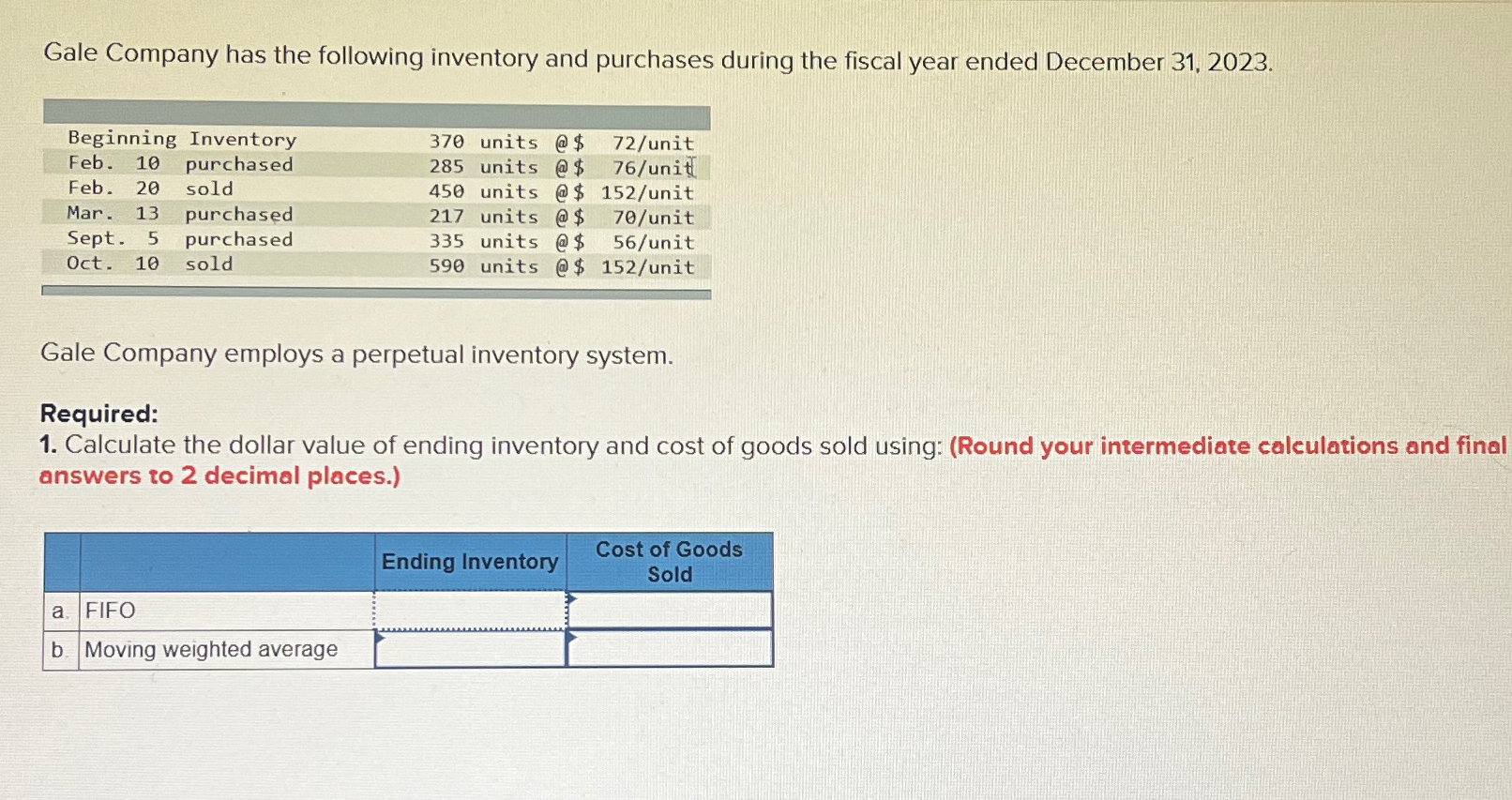 Solved Gale Company has the following inventory and | Chegg.com