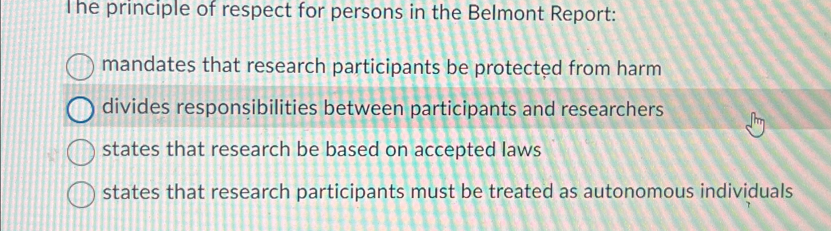 Solved The principle of respect for persons in the Belmont | Chegg.com