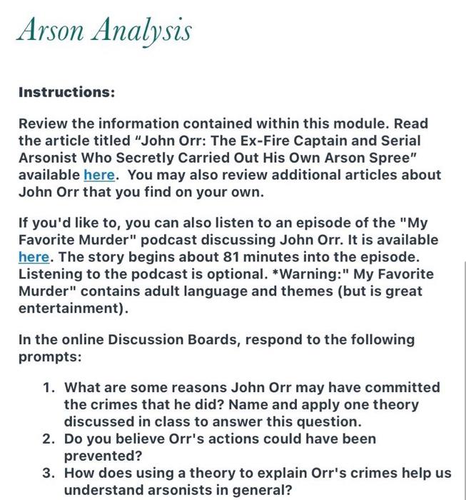 Arson Analysis Instructions: Review the information | Chegg.com