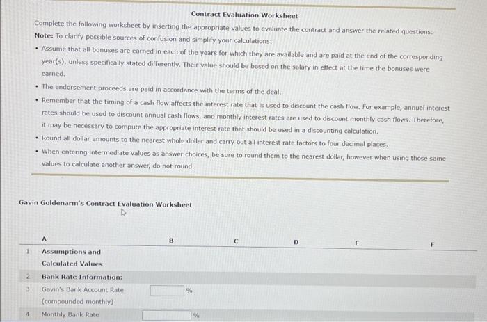 Contract Evaluation Worksheet Complete the following | Chegg.com