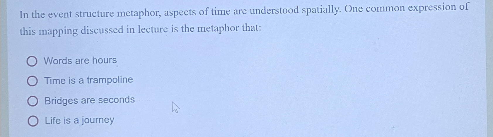 Solved In the event structure metaphor, aspects of time are | Chegg.com
