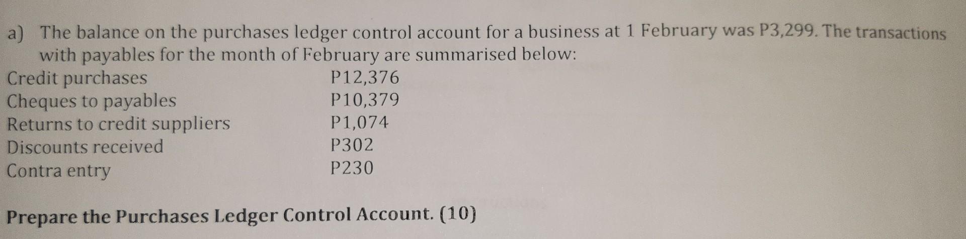 Solved a) The balance on the purchases ledger control | Chegg.com