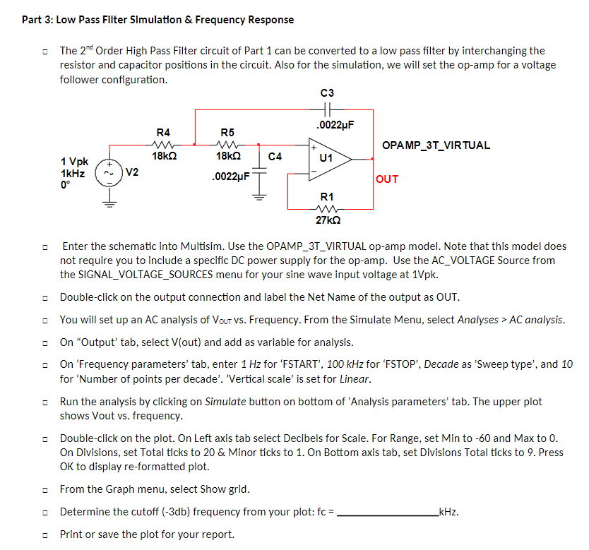 Part 3: Low Pass Filter Simulation \& Frequency | Chegg.com