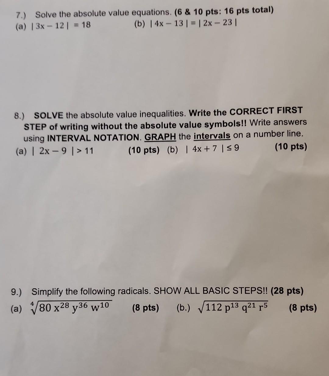 Solved 7.) Solve the absolute value equations. (6 \& 10 pts: | Chegg.com