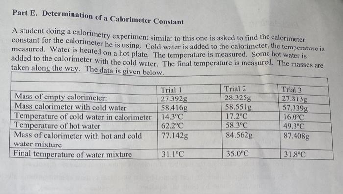 Solved Part E. Determination of a Calorimeter Constant A | Chegg.com