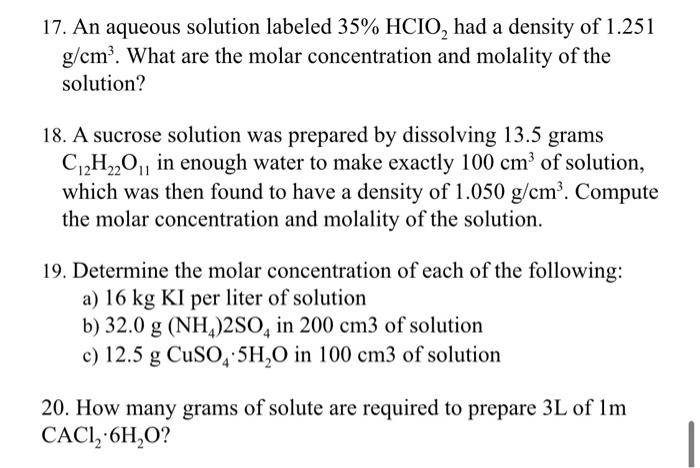Solved 17. An aqueous solution labeled 35%HCIO2 had a | Chegg.com