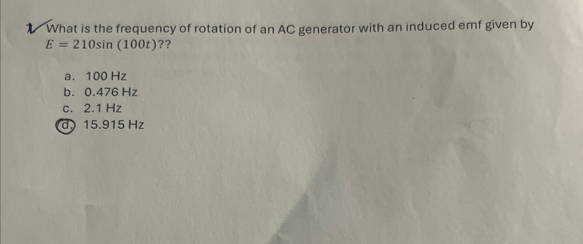 Solved What is the frequency of rotation of an AC ﻿generator | Chegg.com