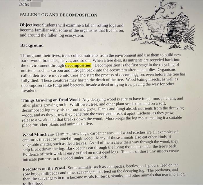 Solved Date: FALLEN LOG AND DECOMPOSITION Objectives: | Chegg.com