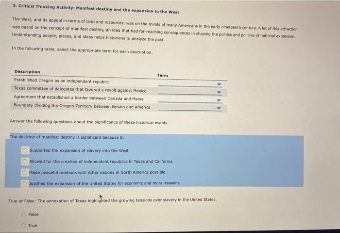 3. Critical Thinking Activity: Manifest destiny and | Chegg.com